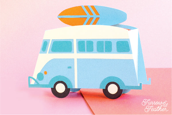 VW Bus with Surfboard Card SVG – Furrow and Feather SVG