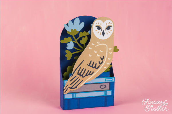 Owl on Books Card SVG – Furrow and Feather SVG