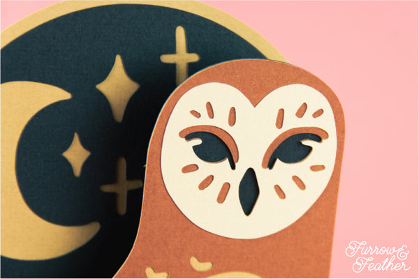 Owl with Moon Card SVG – Furrow and Feather SVG